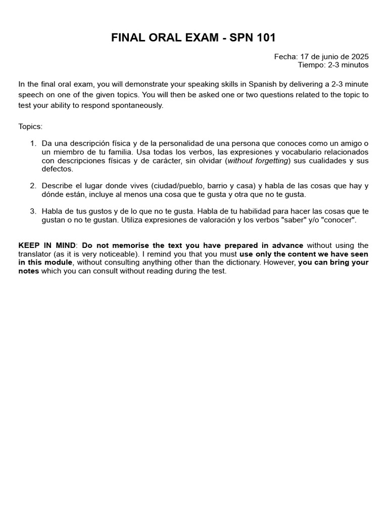 2025 - SPN 101 - Final Oral Exam | PDF