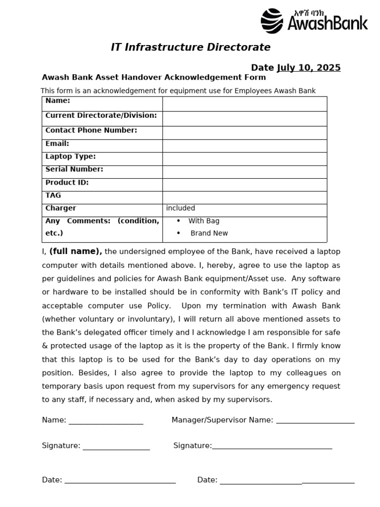 Awash Bank Asset Acknowledgement Form | PDF