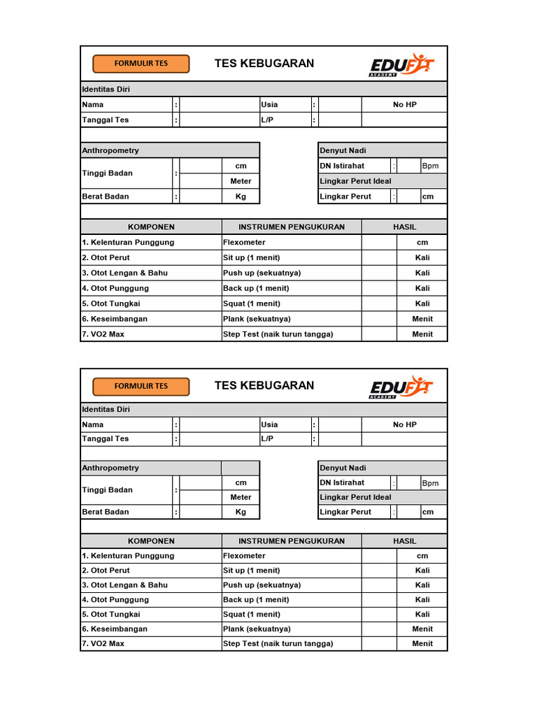 Formulir Tes Kebugaran Lengkap | PDF