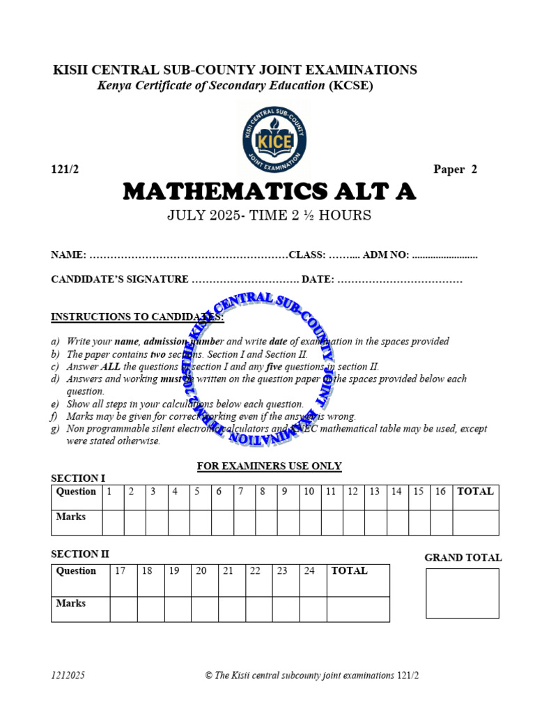 KCSE 2025 Mathematics Paper 2 Exam | PDF | Area | Mathematics