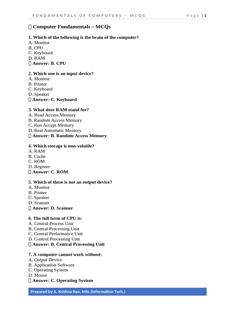 Foc MCQS - 1 | PDF | Computer Data Storage | Random Access Memory