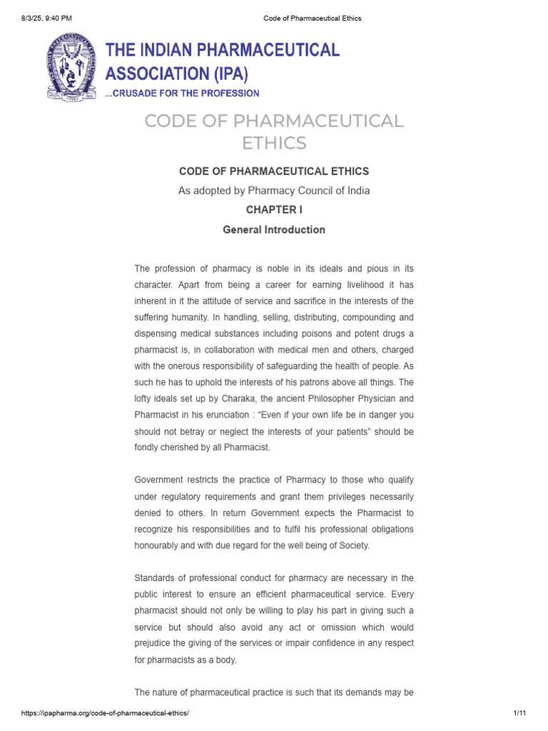 Code of Pharmaceutical Ethics | PDF | Pharmacy | Pharmacist