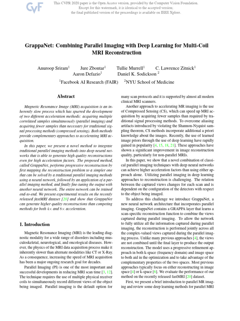 Sriram GrappaNet Combining Parallel Imaging With Deep Learning For Multi-Coil MRI CVPR 2020 ...