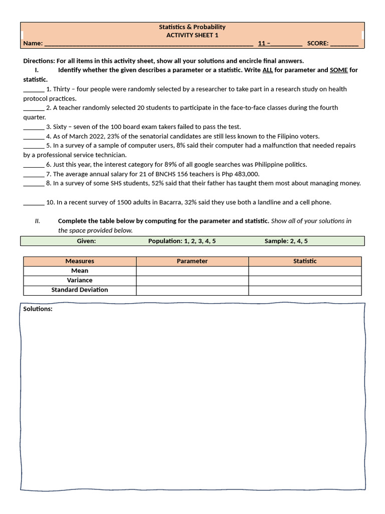 Activity Sheet 1 q4 Stat | PDF