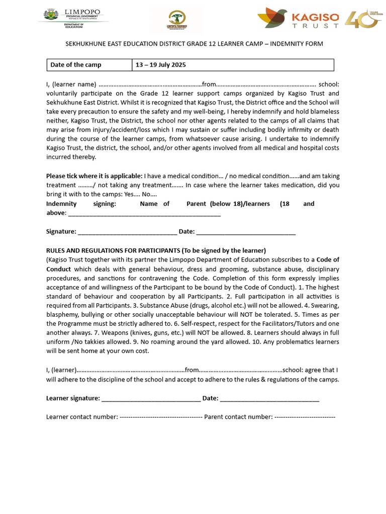 Grade 12 Camp Indemnity Form | PDF | Indemnity