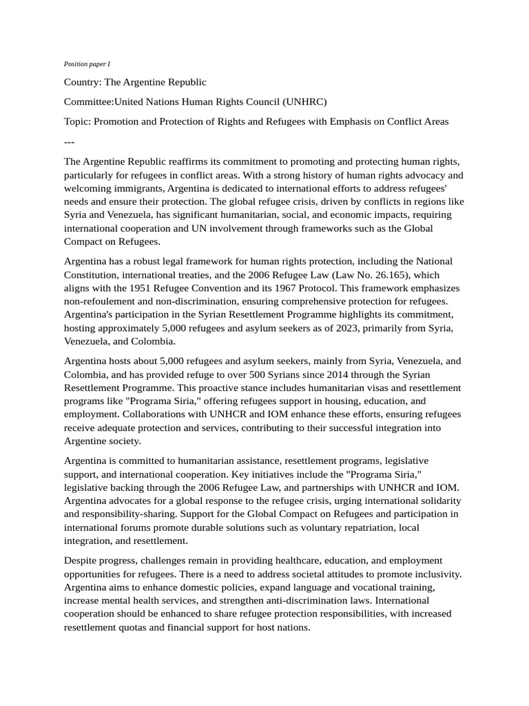 Sample Position Paper 2 | PDF | Refugee | Refugees Of The Syrian Civil War