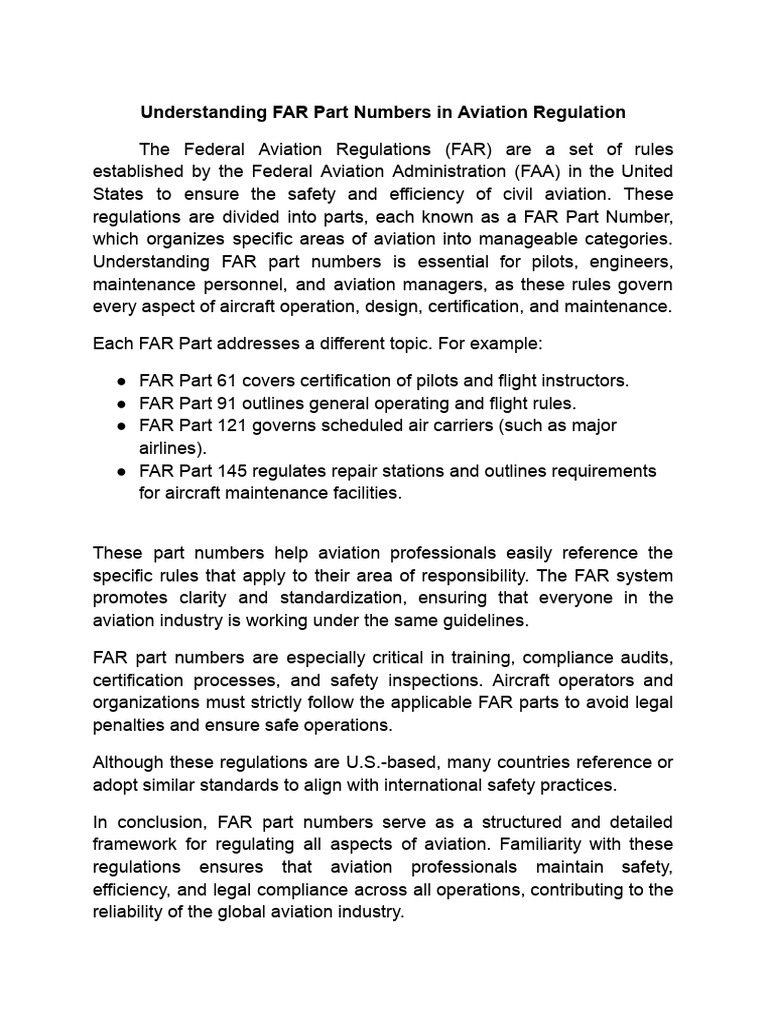 Understanding FAR Part Numbers in Aviation Regulation | PDF