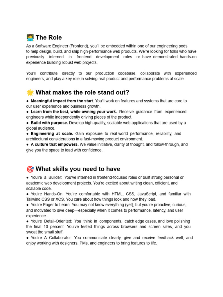 Frontend Software Engineer Role Overview | PDF