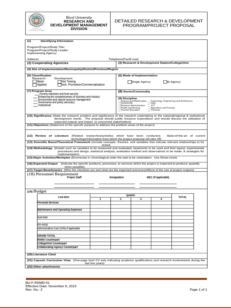 BURDMD Form 1 - Detailed R&D Program or Project Proposal Rev.1 | PDF | Theory | Science