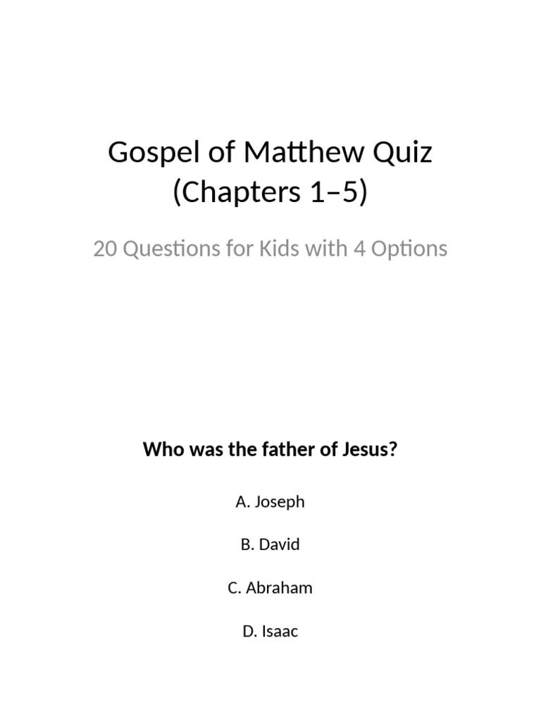 Matthew Chapters 1-5 Kids Quiz | PDF | Jesus | Saint Joseph