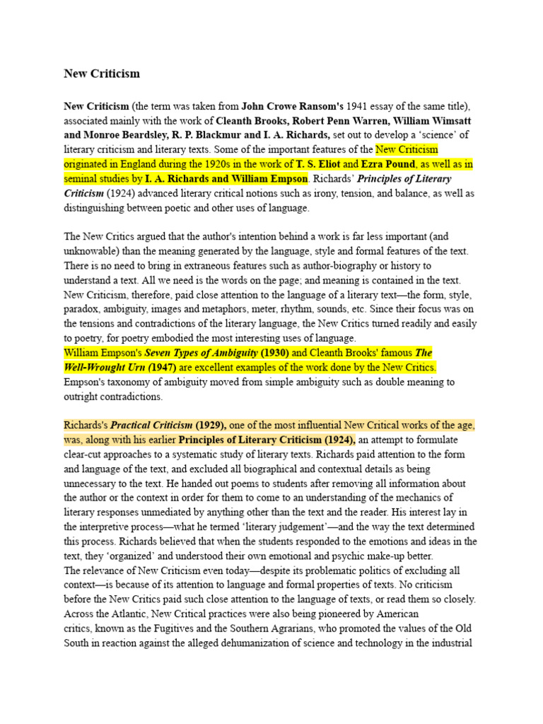 new Criticism, formalism, structuralism, deconstruction (1) | PDF ...