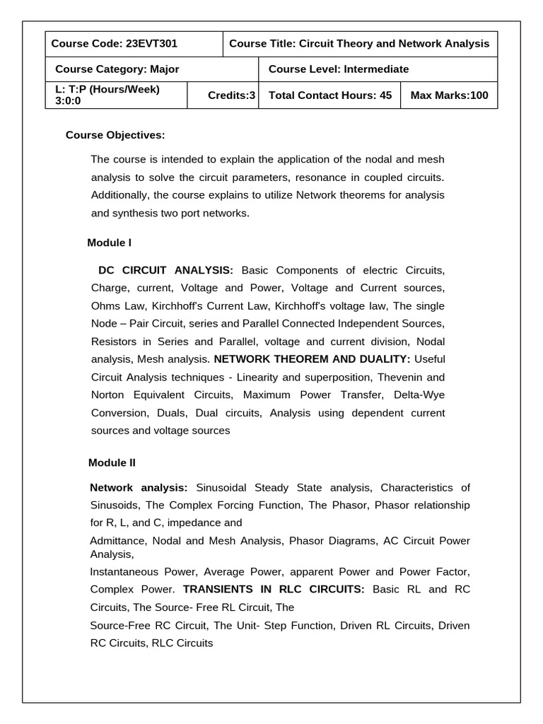 Circuit Theory and Network Analysis | PDF | Network Analysis (Electrical Circuits) | Electrical ...