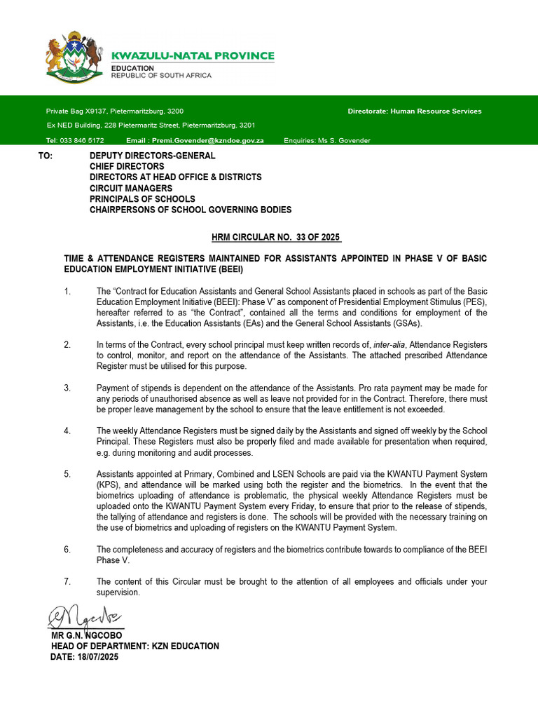 HRM Circular 33 of 2025 On Attendance Register For Beei Assistants KZN | PDF