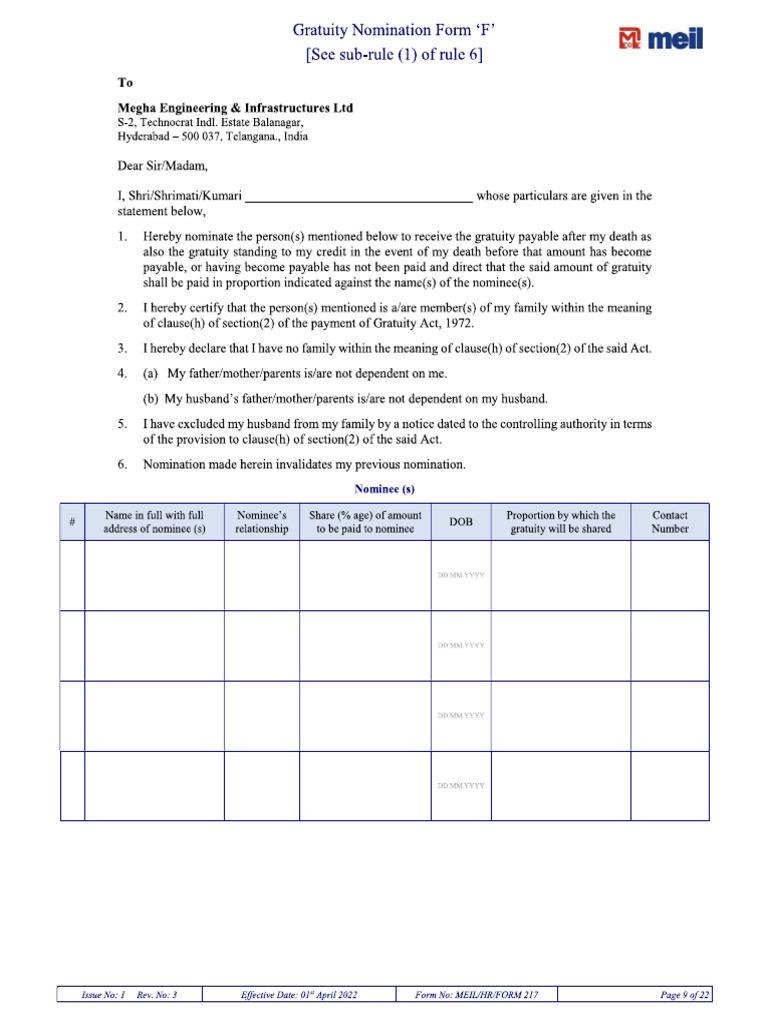 Gratuity Nominee Form F | PDF