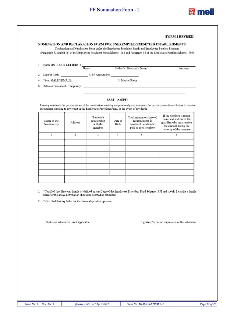 PF Nomination Form - 2 & Form 11 | PDF
