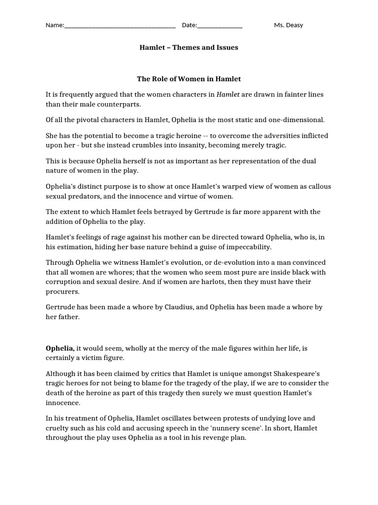 Hamlet - The Role of Women in Hamlet Essay Points | PDF | Hamlet