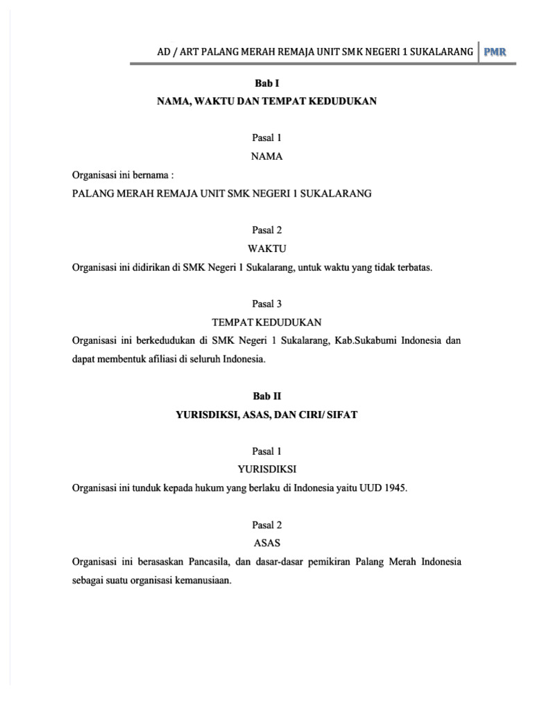 AD/ART PMR SMK Negeri 1 Sukalarang | PDF