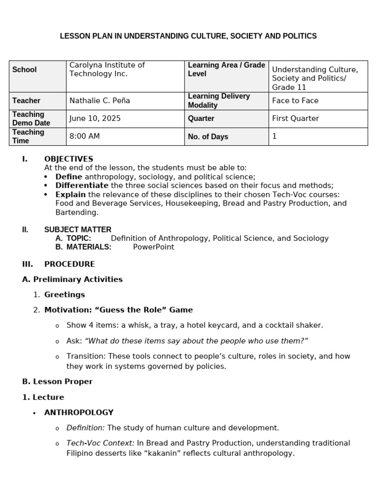 Lesson Plan: Culture, Society & Politics | PDF | Social Sciences ...
