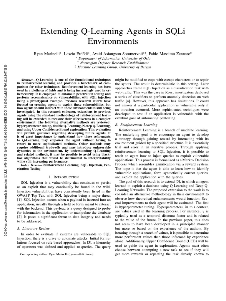 Extending Q-Learning Agents in SQLi Environments | PDF | Applied Mathematics | Learning