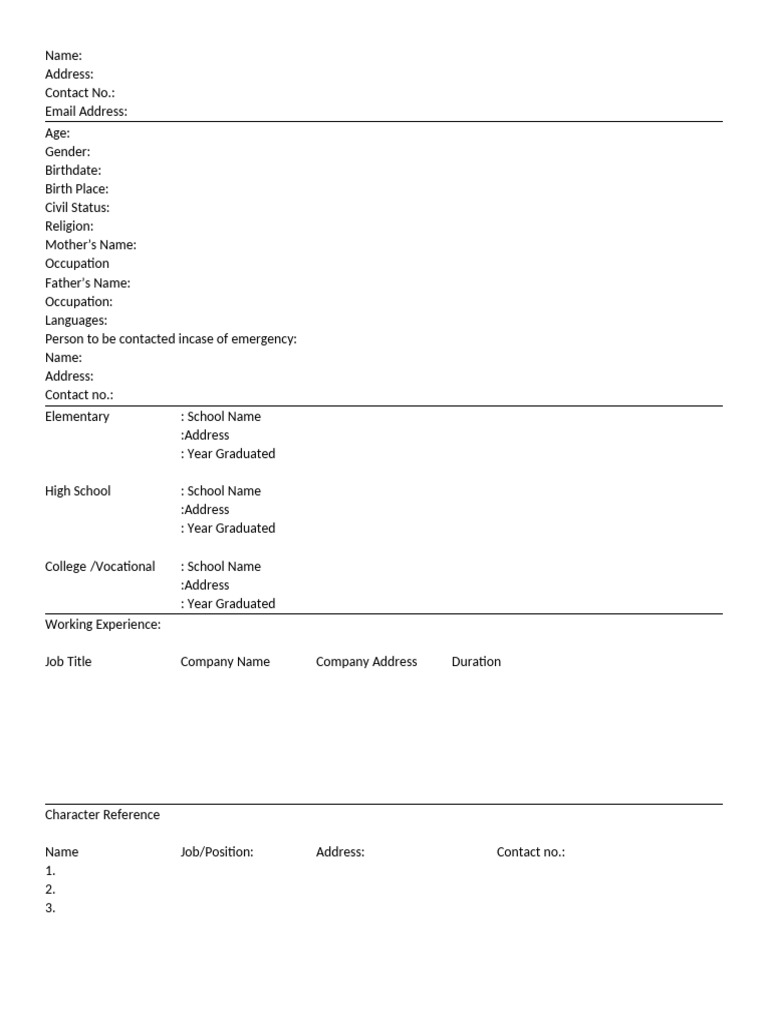 Blank Resume Template Form | PDF