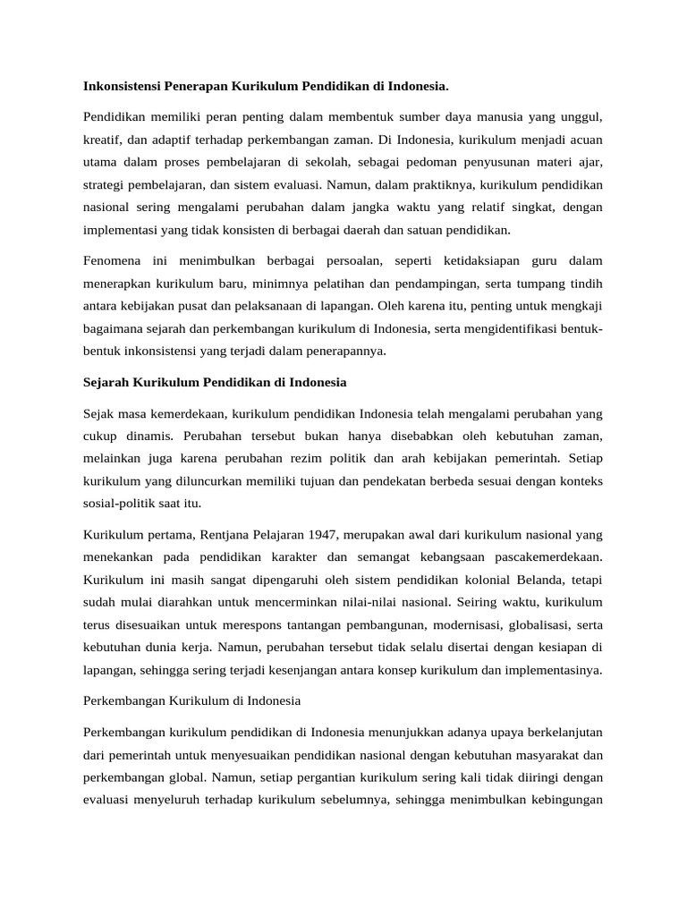 Essai Inkonsistensi Penerapan Kurikulum Pendidikan Di Indonesia | PDF