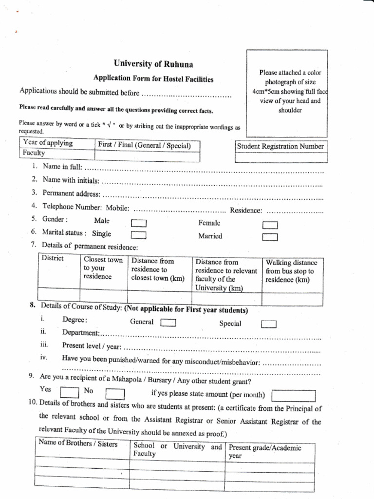 Ruhuna University Hostel Application Form | PDF