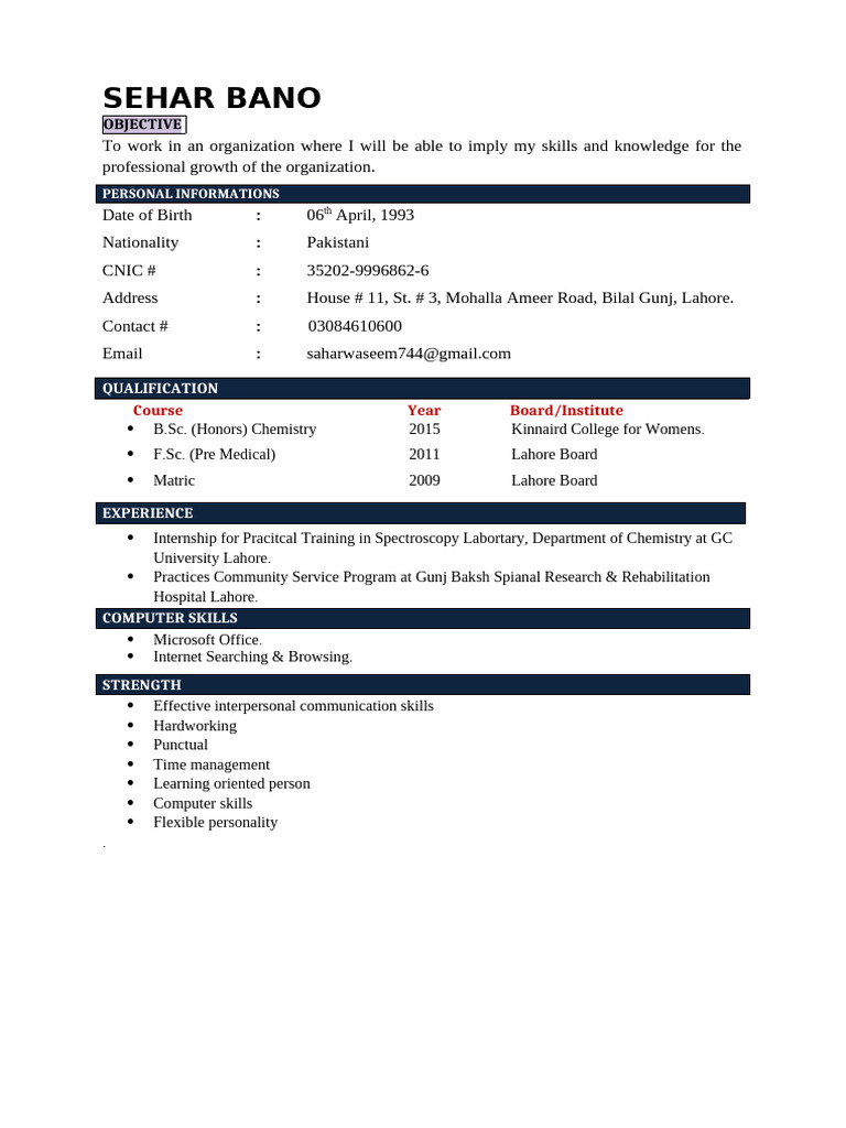Simple CV of Sehar Bano | PDF