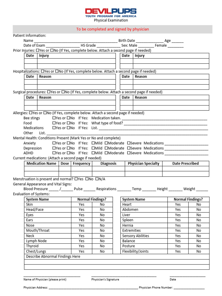 Comprehensive Physical Exam Form | PDF | Physical Examination | Medical ...