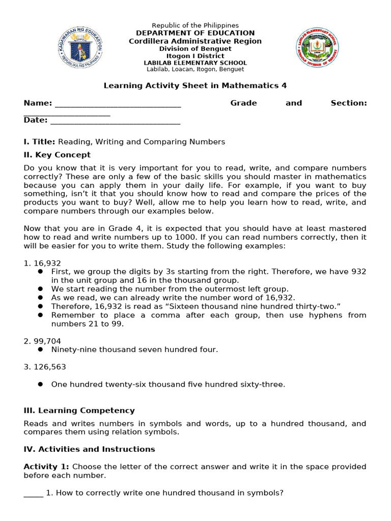 Math 4 Reading, Writing and Comparing Numbers | PDF