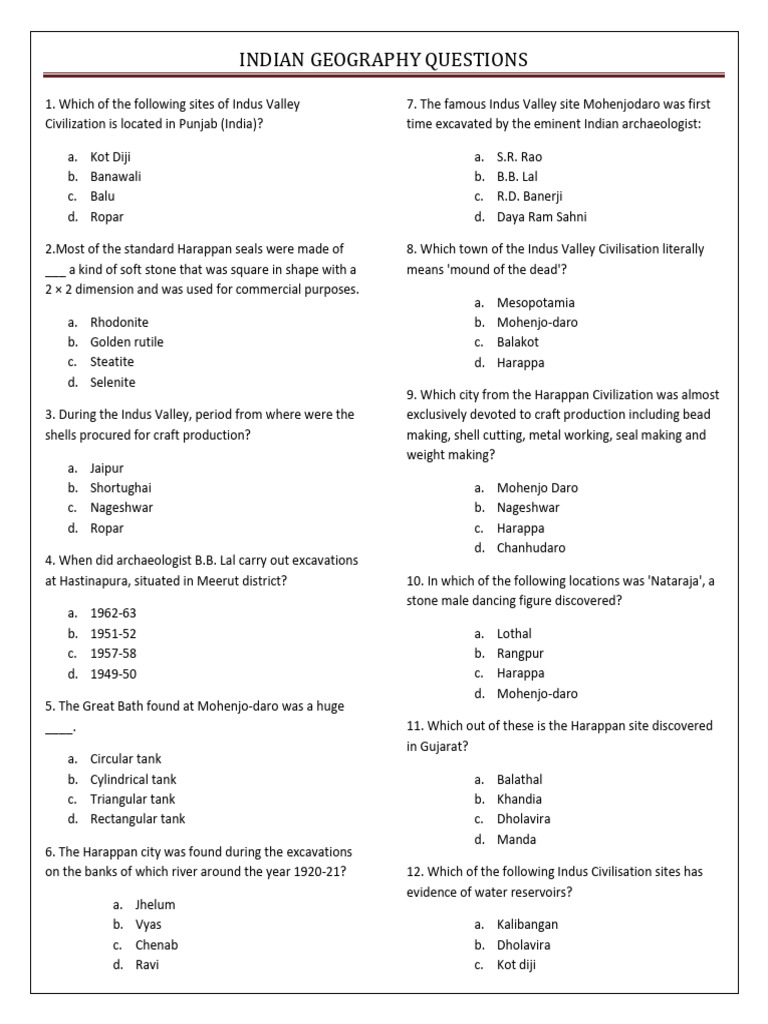 Indus Valley Civilization Quiz Questions | PDF | Archaeology | Indus River