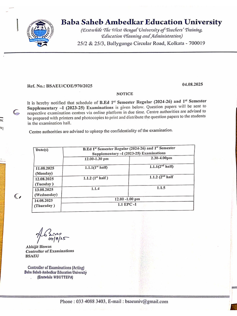 Exam Schedule of BEd | PDF