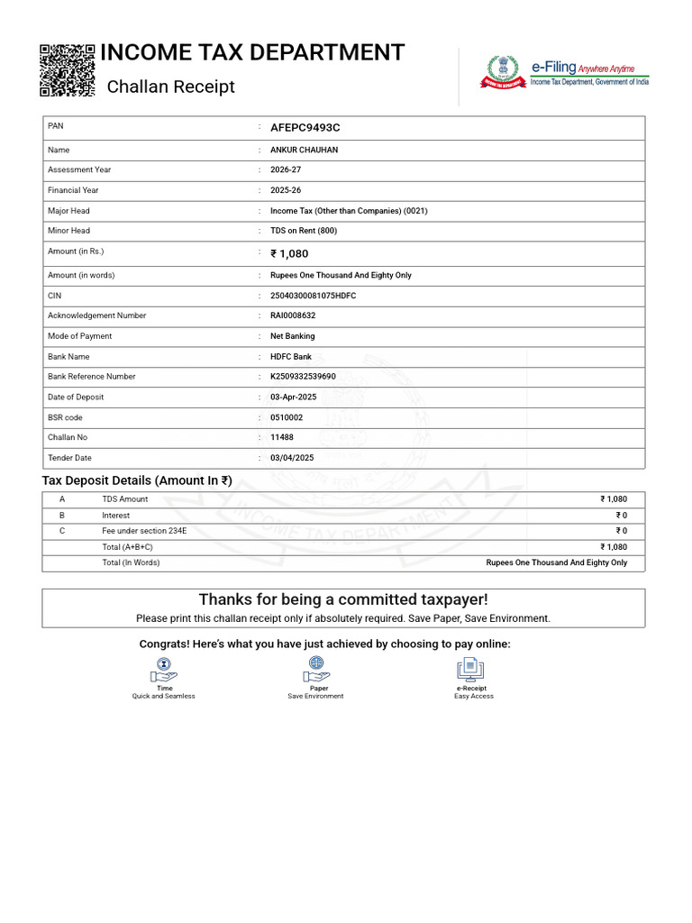 Income Tax Challan Receipt 2025-26 | PDF | Money | Public Finance