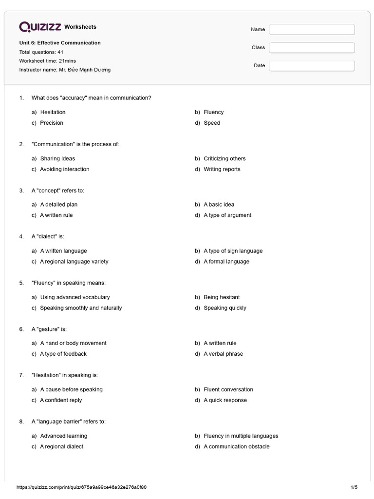 Unit 6 - Effective Communication - Quizizz | PDF | Fluency | Communication