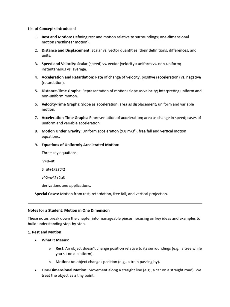Motion in One Dimension: Key Concepts | PDF | Acceleration | Velocity