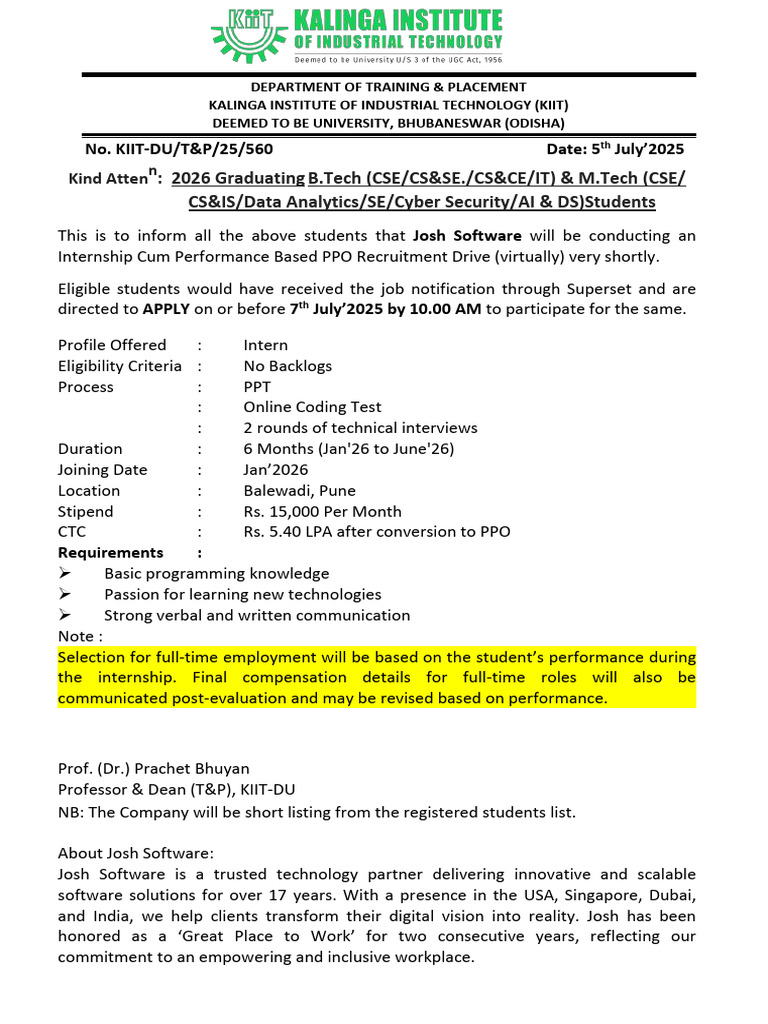 Registration For Josh Software Internship Cum PPO Recruitment Drive - 2026 Graduating Batch | PDF