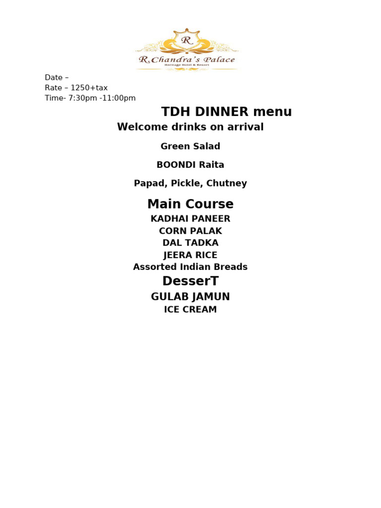 TDH Menu @1250+taxes | PDF