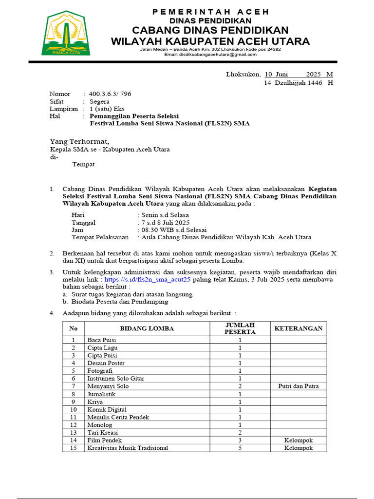 Pemanggilan Peserta FLS2N SMA Aceh Utara | PDF