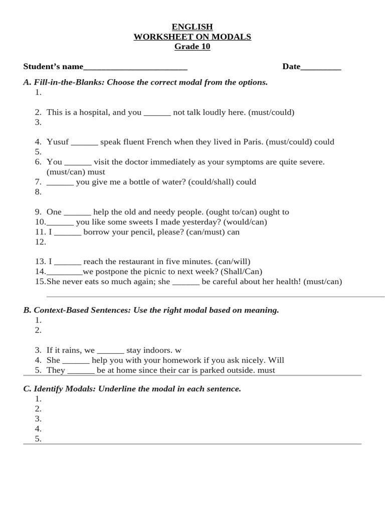 Grade 10 Modals Worksheet | PDF