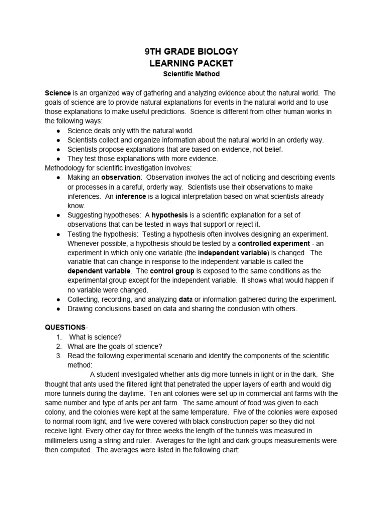 9th Grade Biology Learning Packet | PDF | Mitosis | Dna