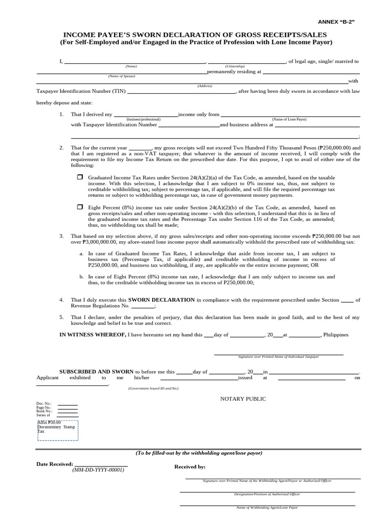 Sworn Declaration Annex B 2 | PDF | Income Tax | Withholding Tax
