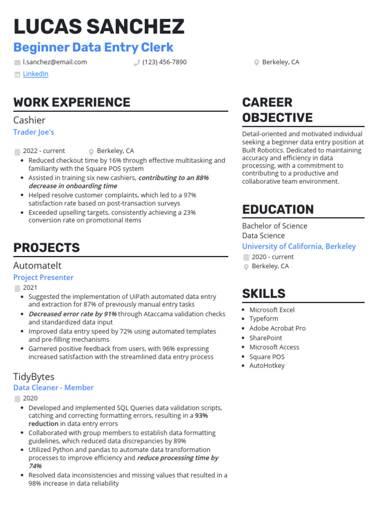 Beginner Data Entry Resume Example | PDF | Data | Computing