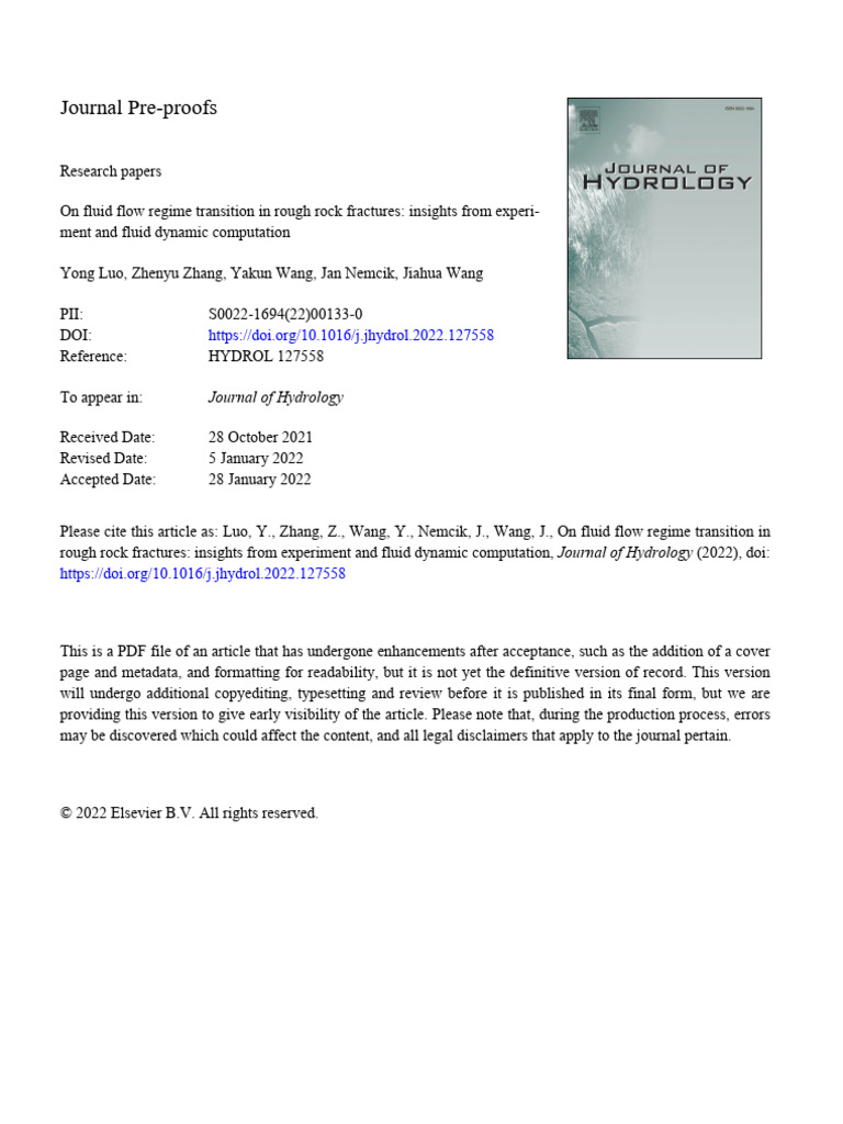 On Fluid Flow Regime Transition in Rough Rock Fractures Insights From ...