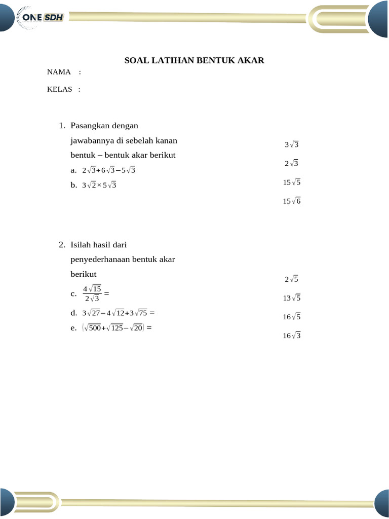 Soal Latihan Bentuk Akar Kelas 8-10 | PDF