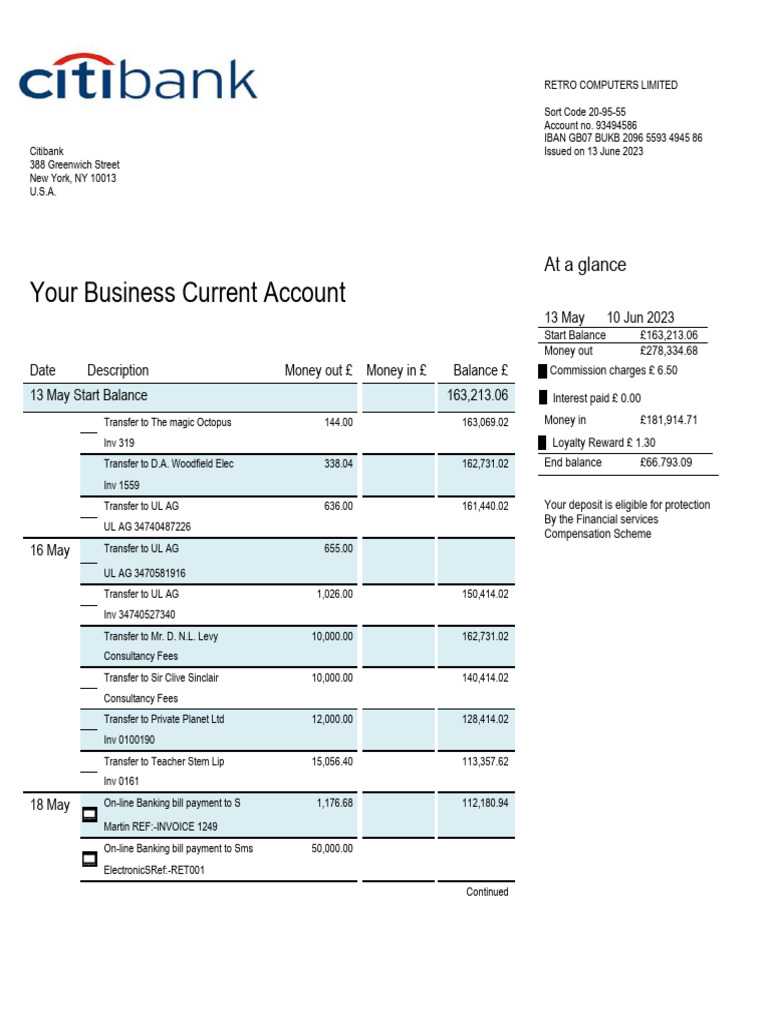 Citibank Bank Business Account Statement Word and PDF Template | PDF ...