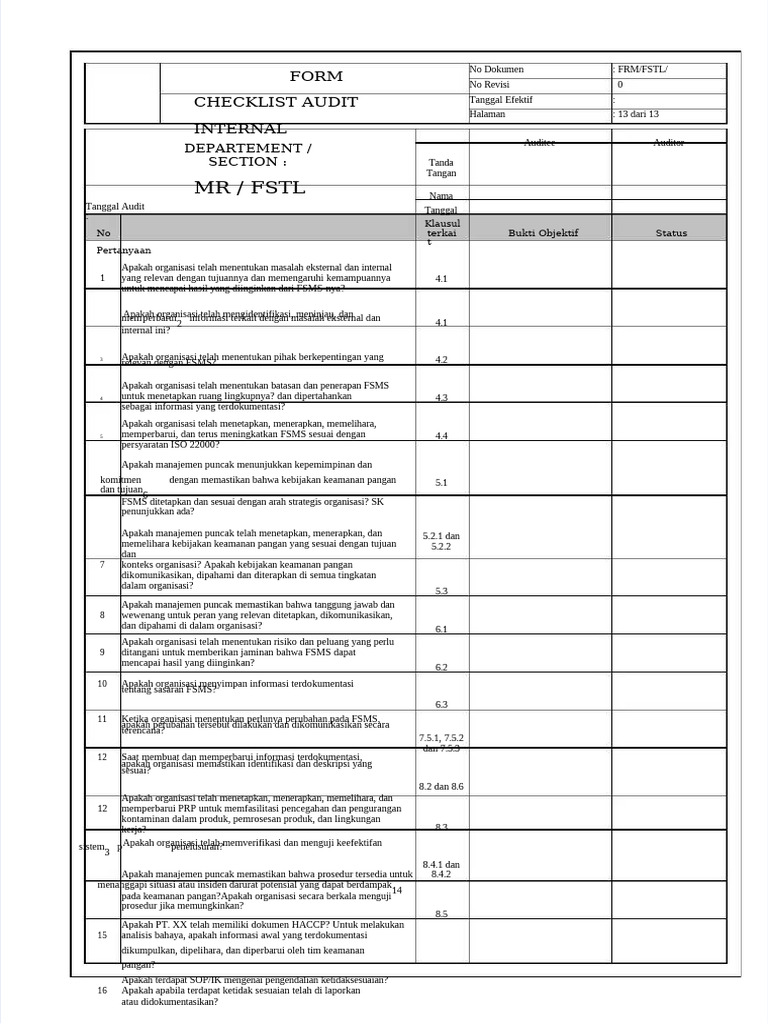Checklist Audit Internal FSMS ISO 22000 | PDF