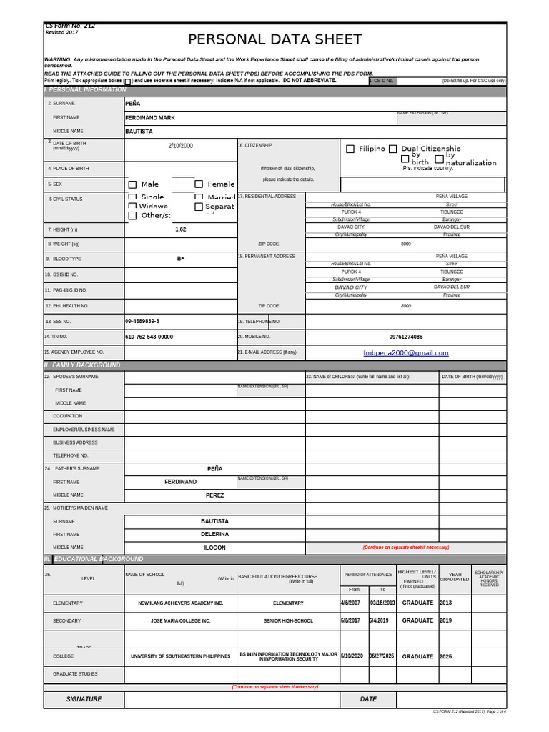 CS Form No. 212 Personal Data Sheet Revised | PDF