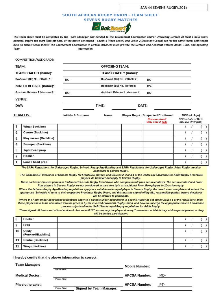 SARU Sevens Rugby Team Sheet Template | PDF | Rugby Football | Football ...