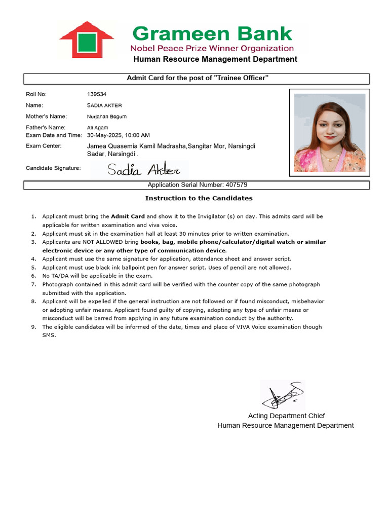 Admit Card for Trainee Officer Exam | PDF