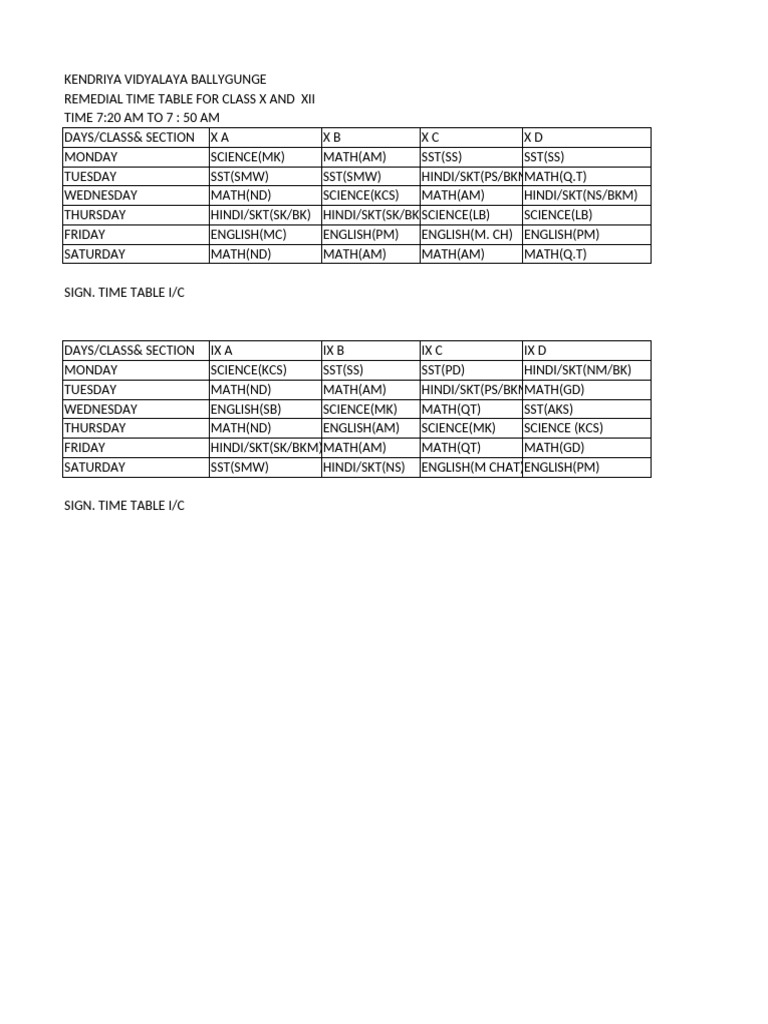Remedial Time Table 2025-26 | PDF