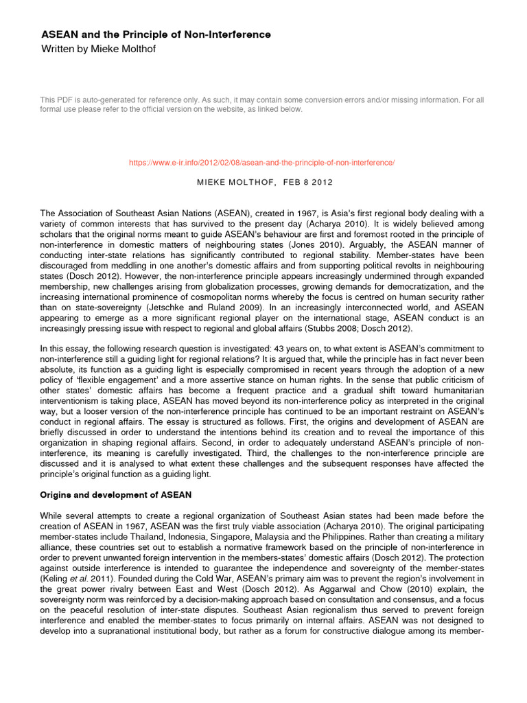 ASEAN and The Principle of Non Interference | PDF | Cold War | Governance